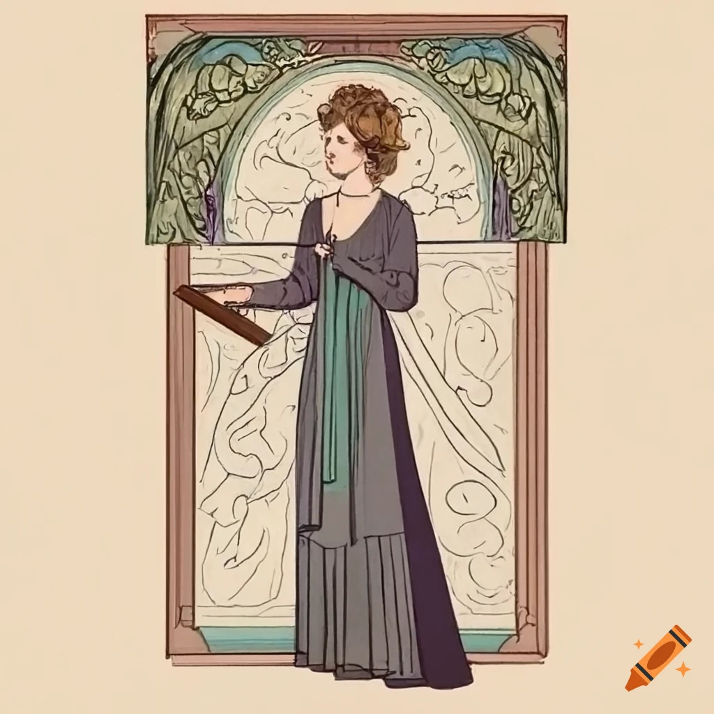 Full-length drawing of a woman librarian in art nouveau style on Craiyon