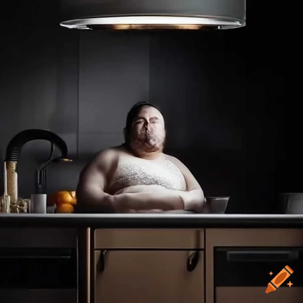 Fat guy in kitchen on a security camera on Craiyon