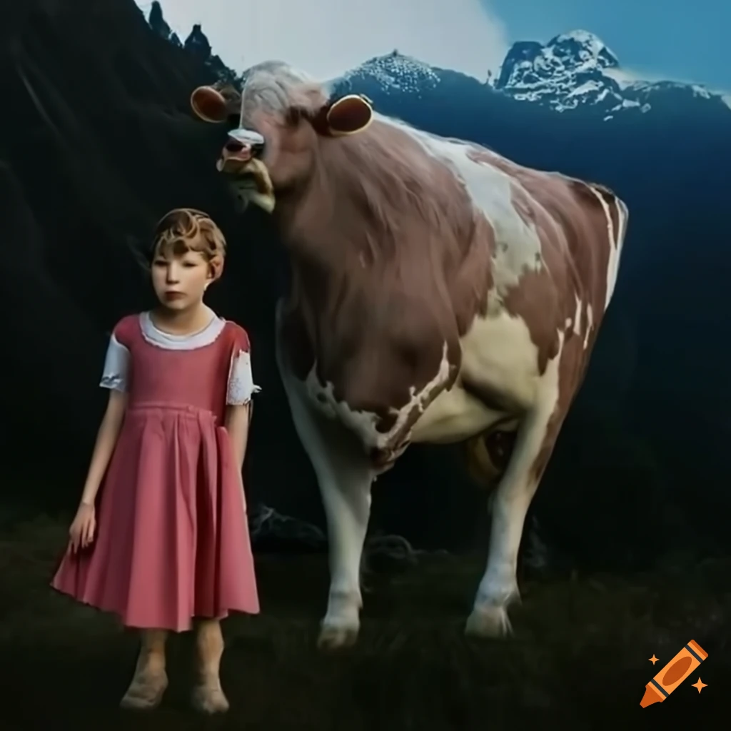 Realistic heidi in front of mountain cloud cow on Craiyon