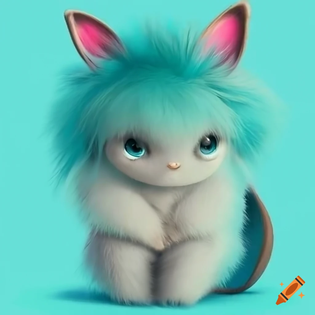 Cute fluffy creature with teal fur, pointed ears and belly button