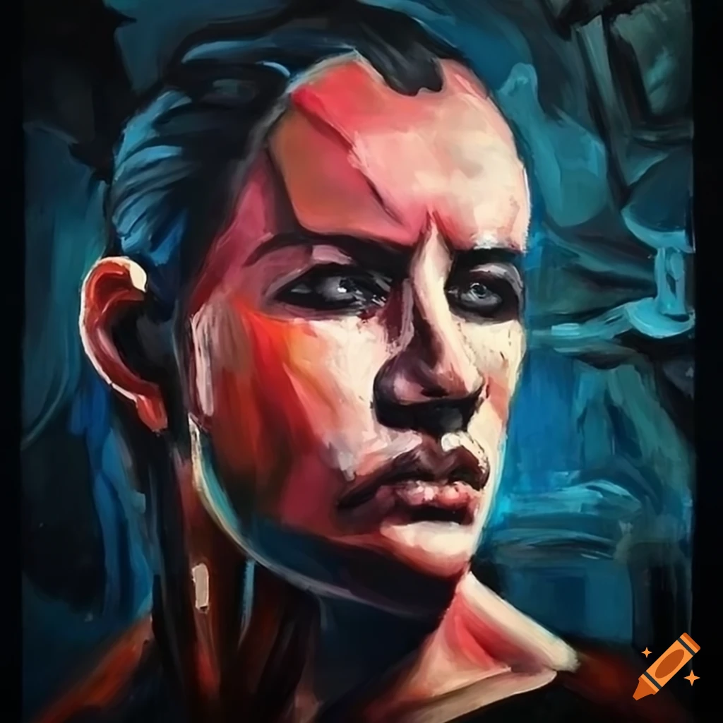 Acrylic painting of archer face close up aiming at something on Craiyon