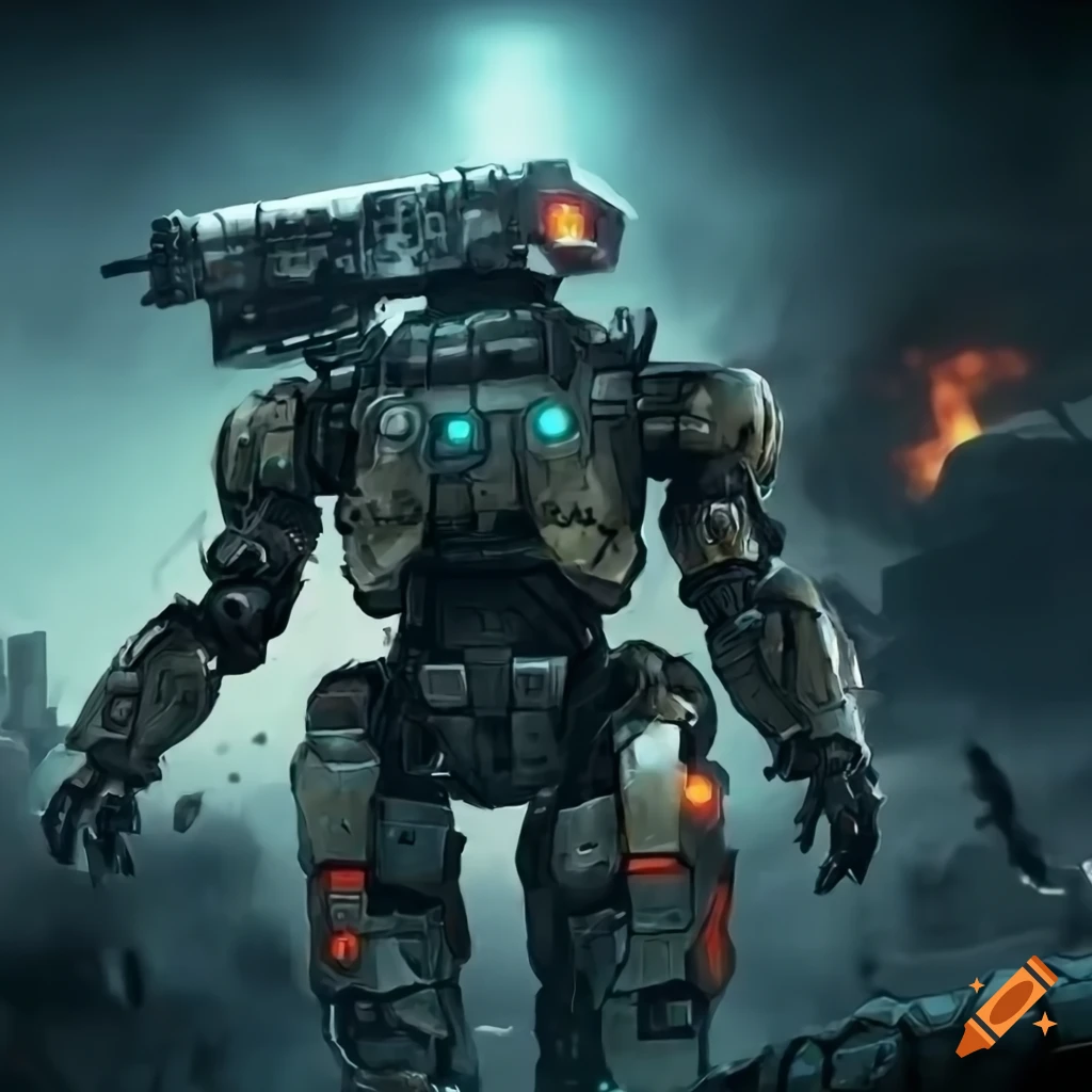 Hi-tech mech suit fighting in a battlefield, sci-fi, highly detailed on ...