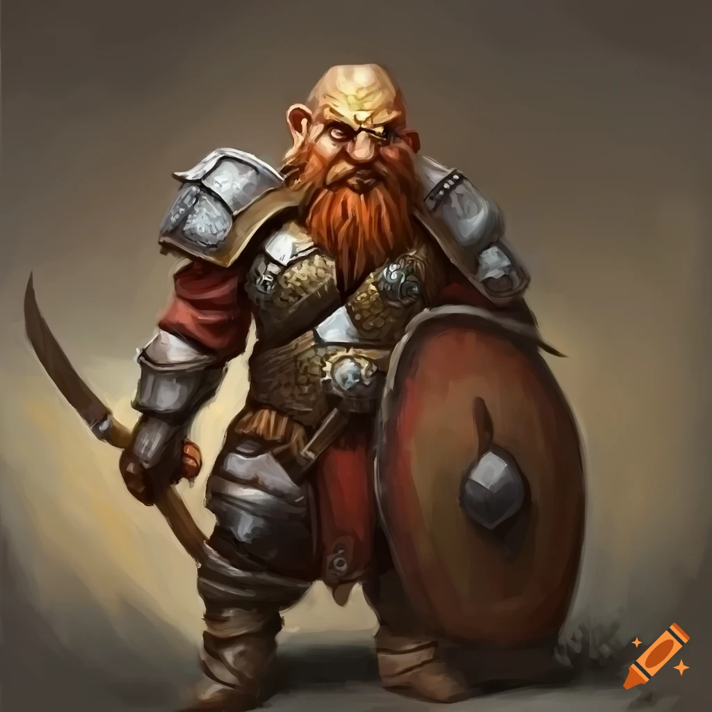 Oil painting, dwarf warrior with shield and leather armor on Craiyon