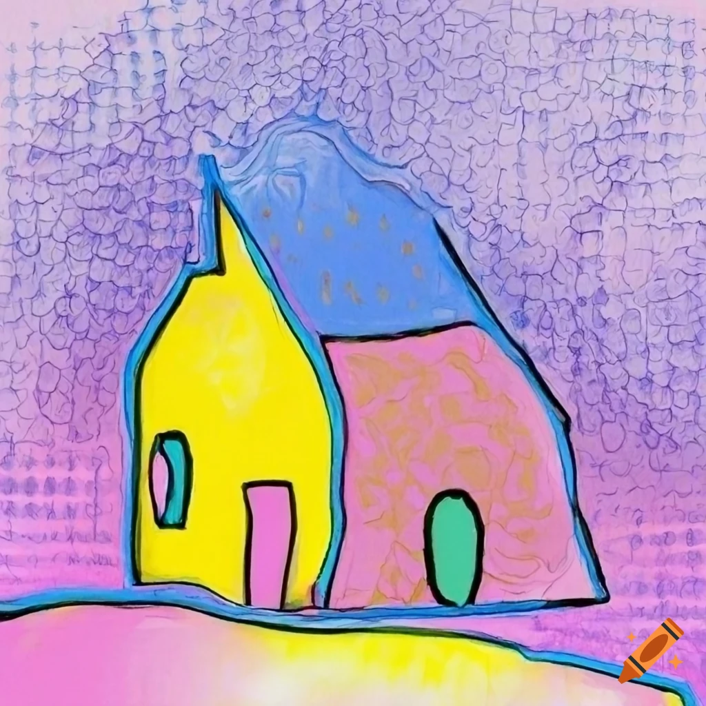 Surreal style drawing of a house in a village including soft purple ...