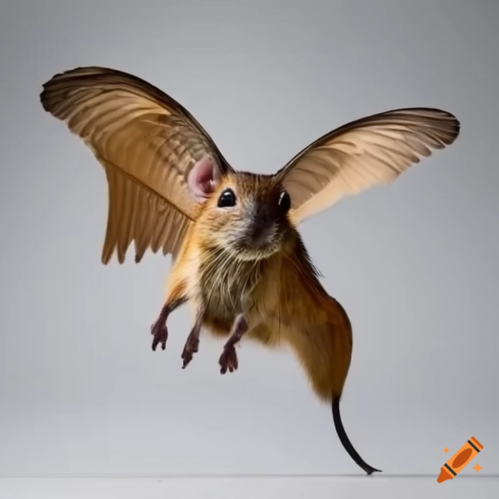 A whimsical flying hybrid rodent with striped membranous wings, in full ...