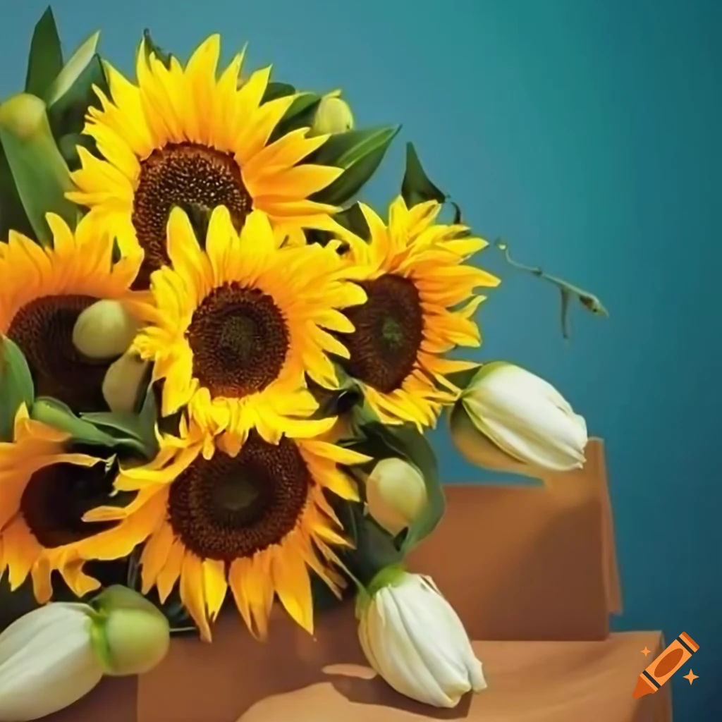 White tulips and sunflowers in a bouquet