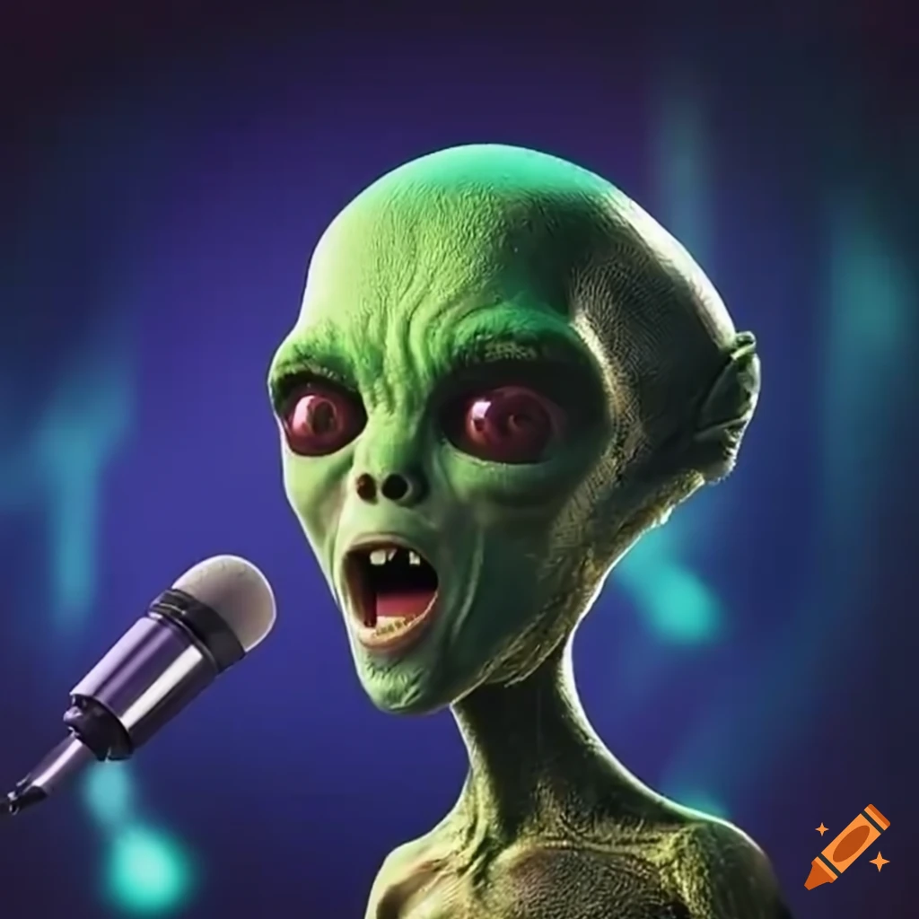 Alien creatures singing karaoke on stage, microphone on Craiyon