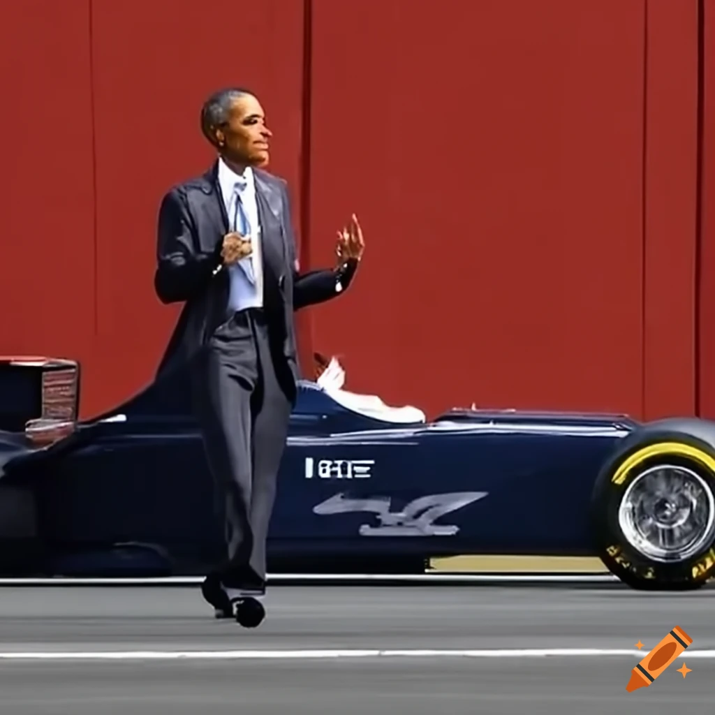 Barack Obama driving a Formula One car on Craiyon