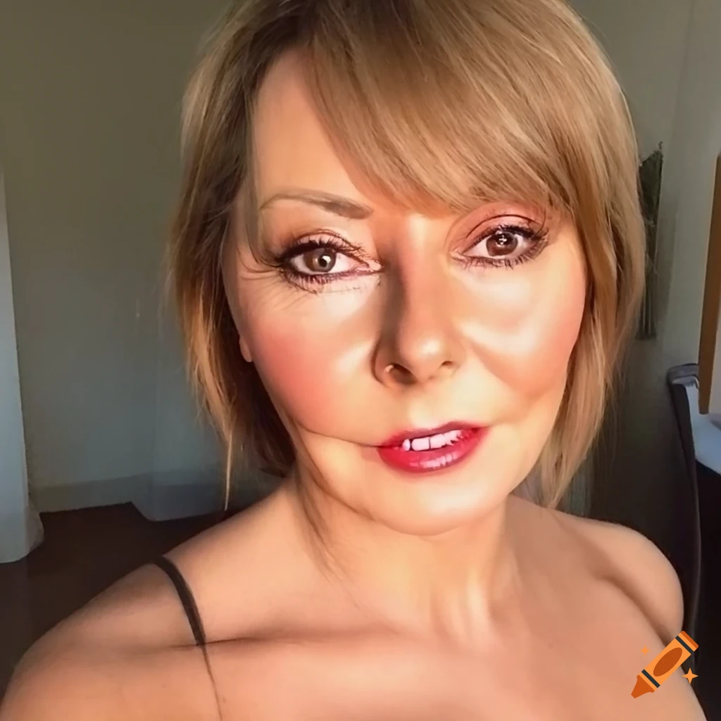 Selfie . skinny. smooth skin .carol vorderman lookalike very scruffy pixie haircut. red lipstick ...