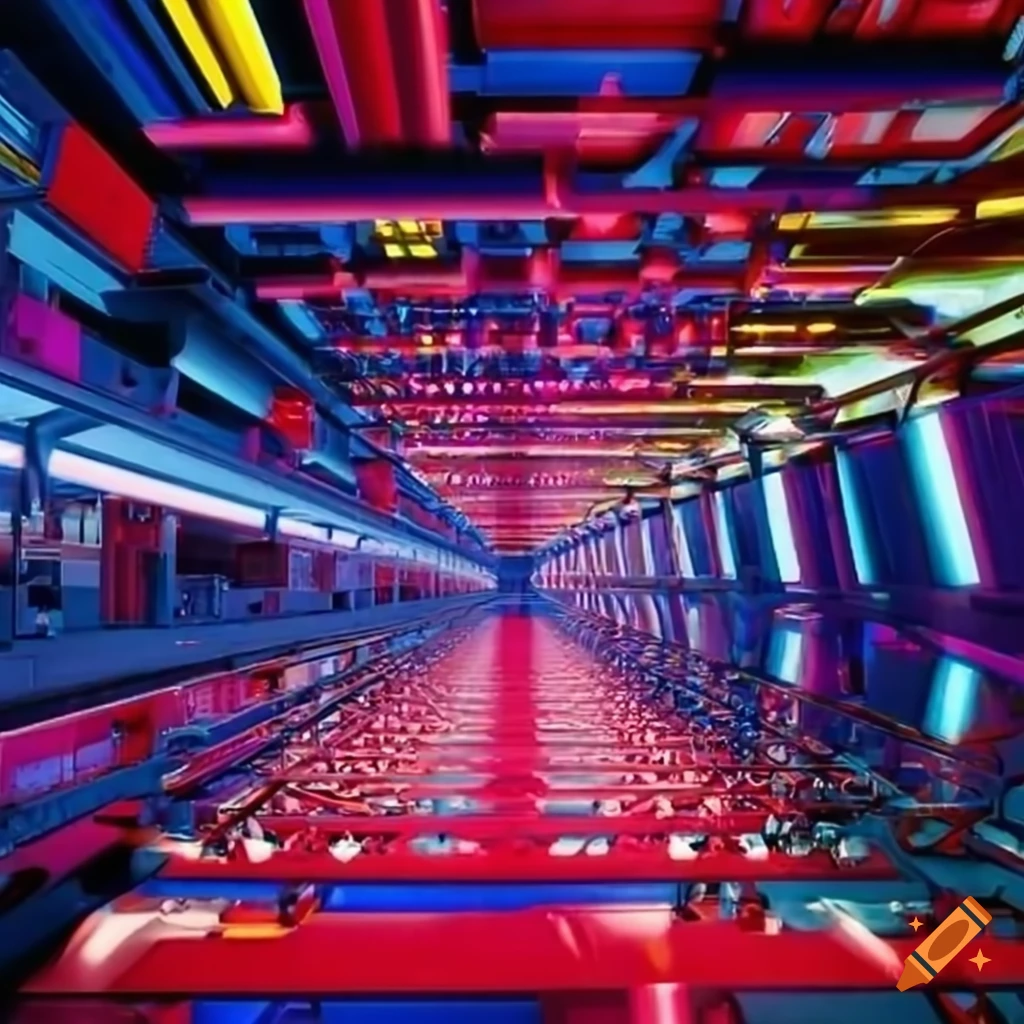 Large futuristic colourful mechanical food factory interior