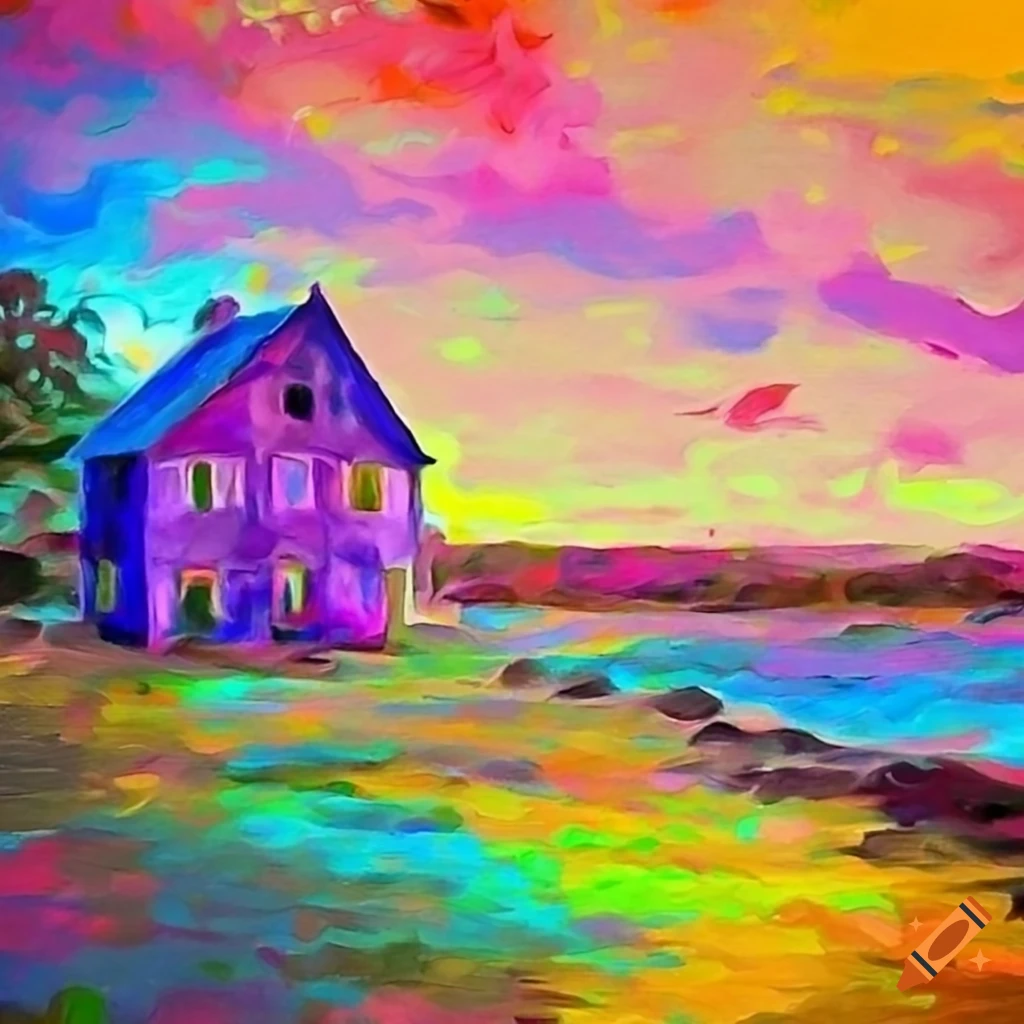 Surreal style drawing of a house in a village including soft purple ...