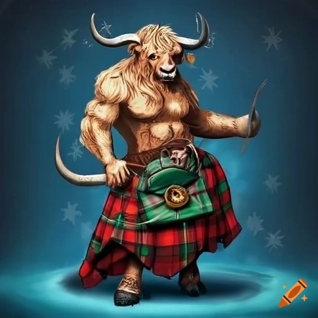 A majestic minotaur with highland cattle features and wearing a kilt on ...