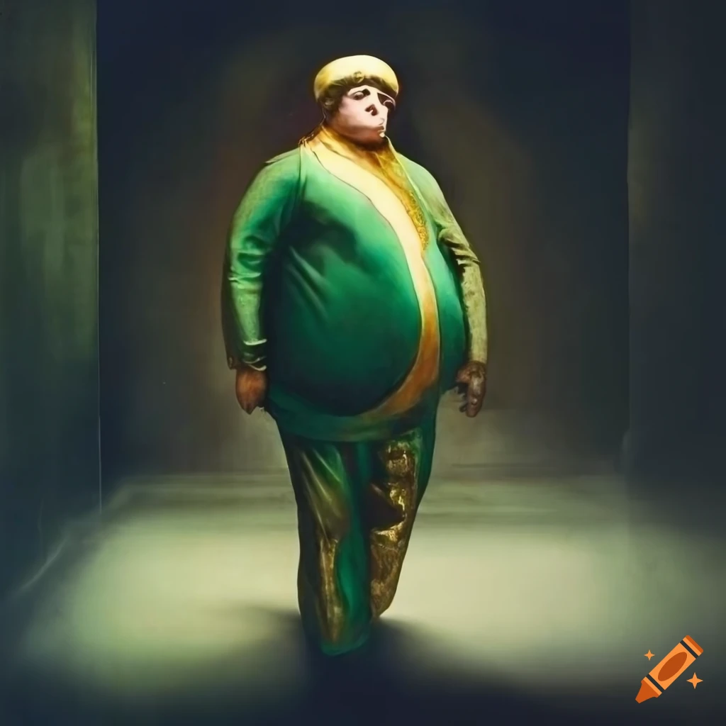 Gold green suit_fat_man__in_a_very_narrow_corridor__with_low_ceiling ...