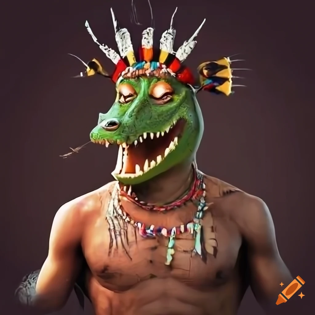 Crocodile man with tribal clothes, 4k resolution