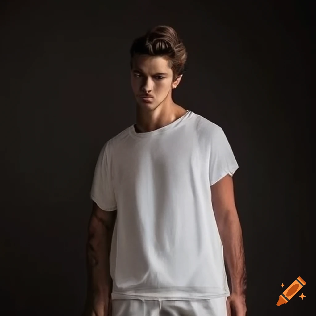 Male models full body wearing oversized white t shirt on Craiyon