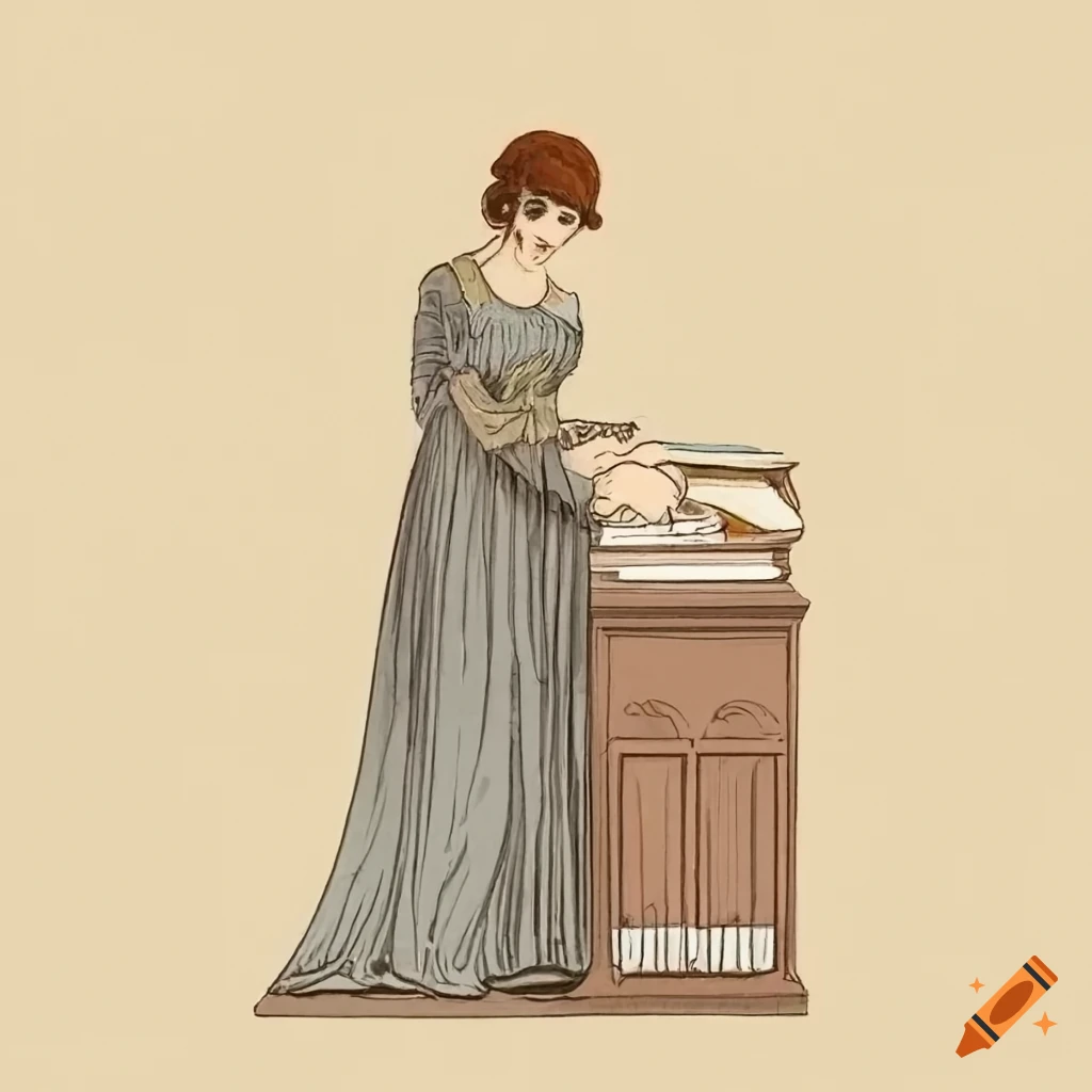 Full-length drawing of a woman librarian in art nouveau style on Craiyon