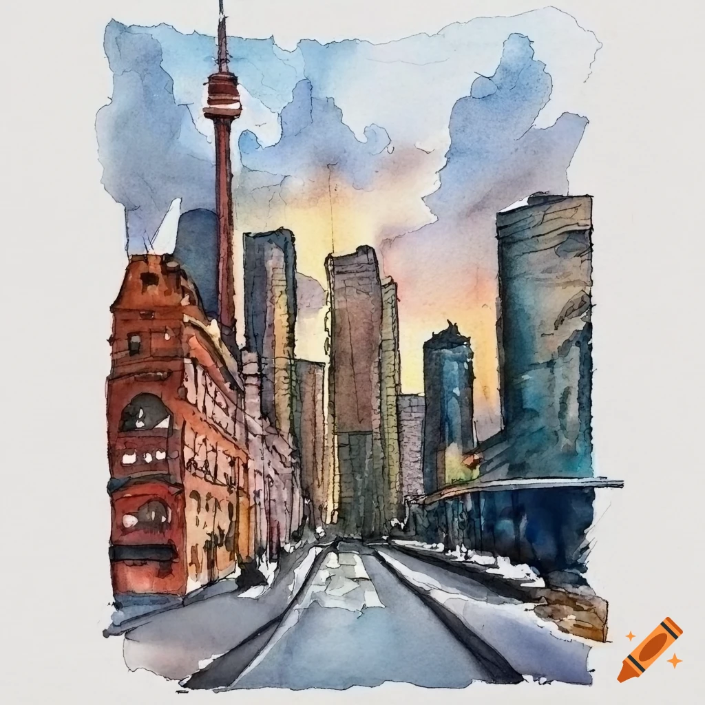 Toronto, canada, an artist impression, ink and watercolour on Craiyon