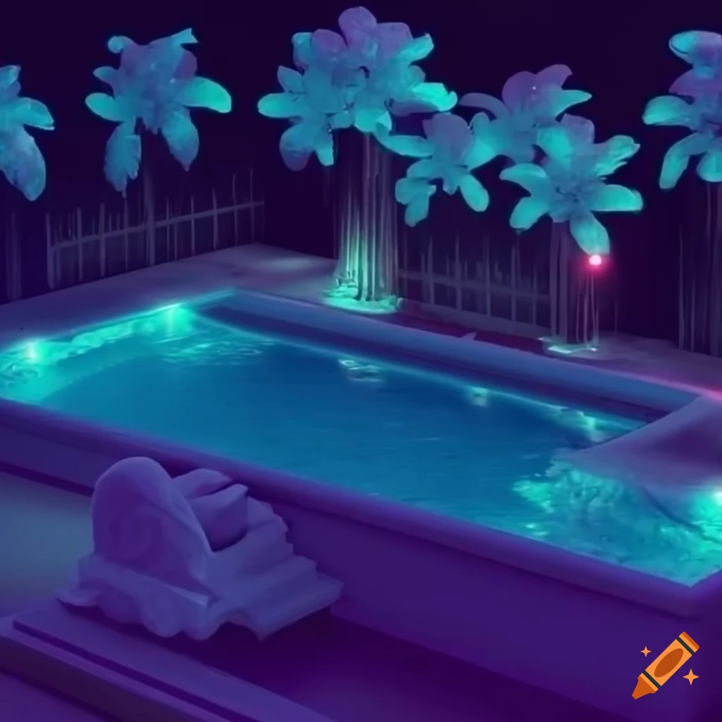 Moonlit indoor pool, neon palm trees, glowing cherry blossoms in the ...