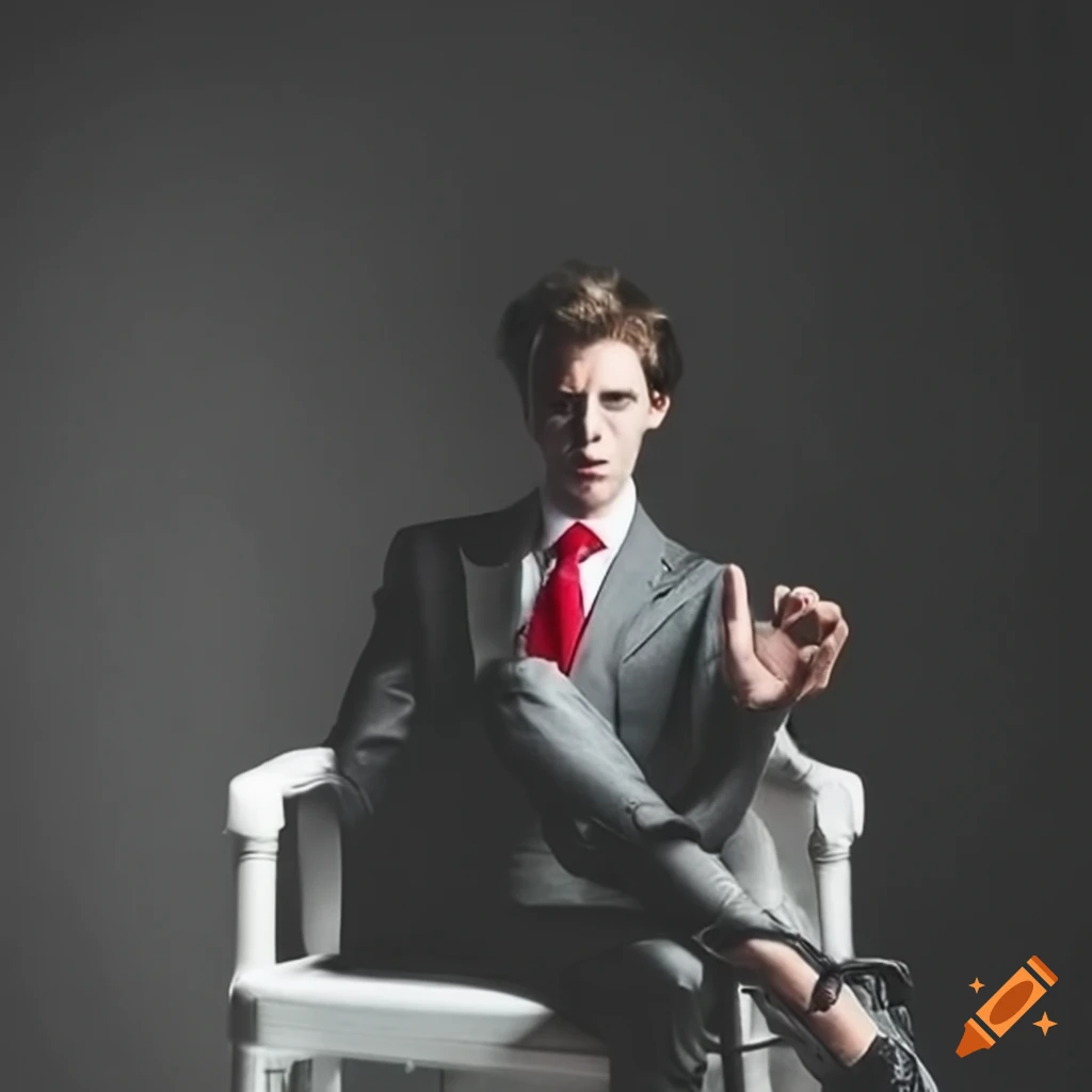 Young patrick bateman sitting on white chair alone with black ...