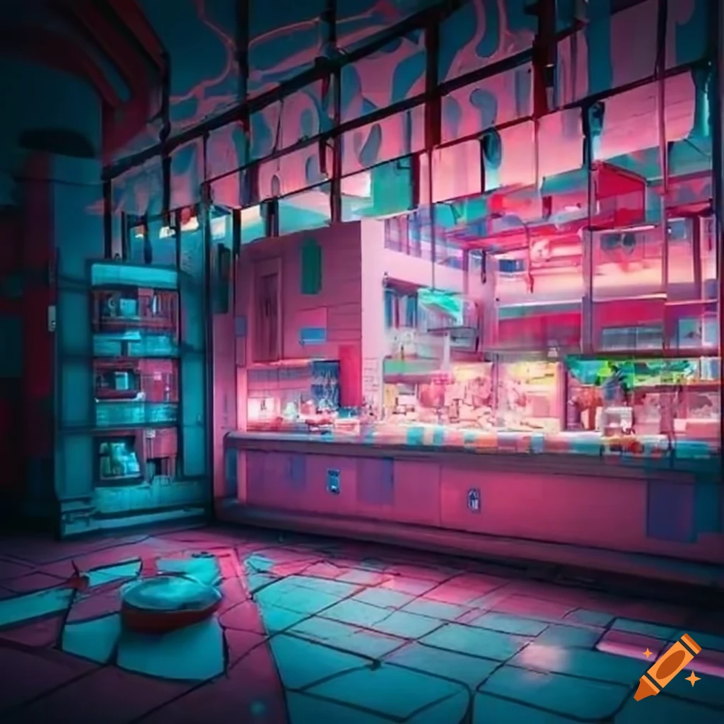 Large futuristic kidcore food factory interior