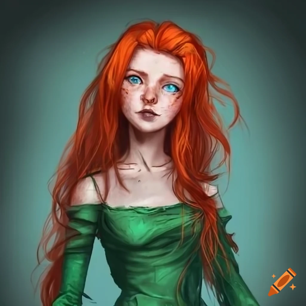 Female wizard with blue eyes, red hair, freckles on the nose and a scar ...