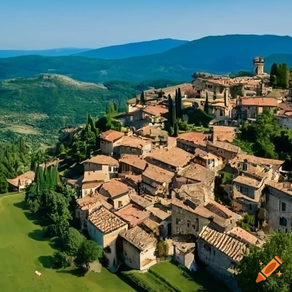 A beautiful aerial view of a charming tuscan village