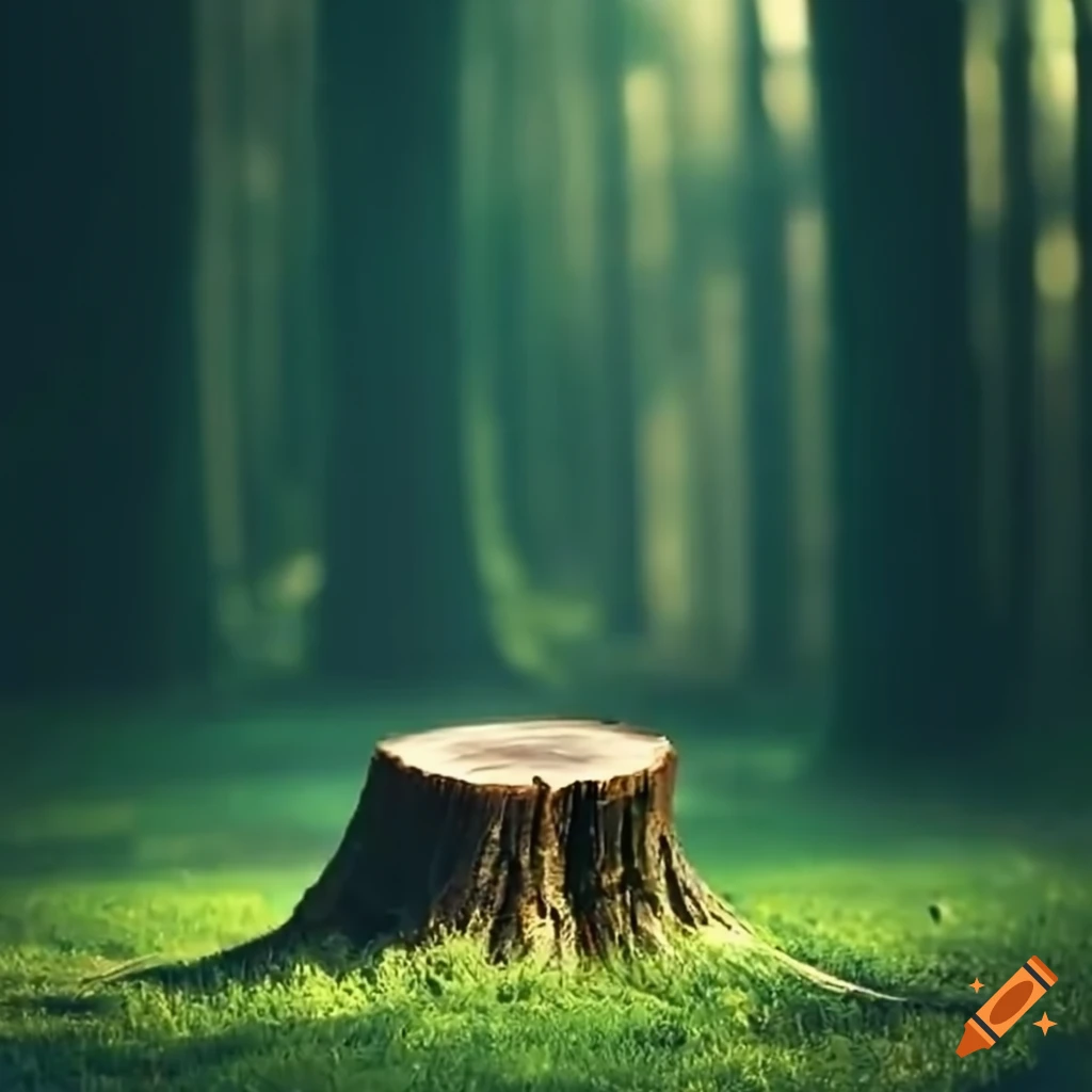 Create a photo of a tree stump in a bright, light-filled forest