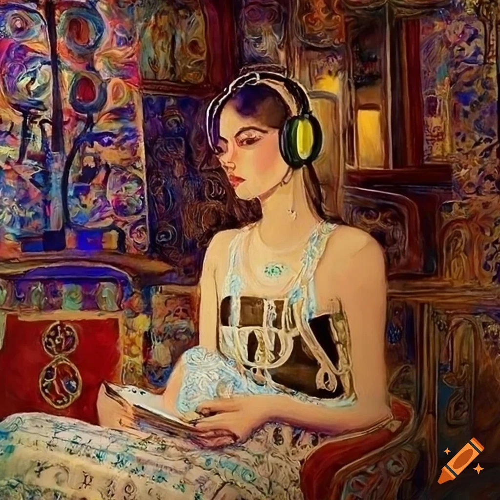 Photorealistic painting of a woman, serene, sitting alone in a persian ...