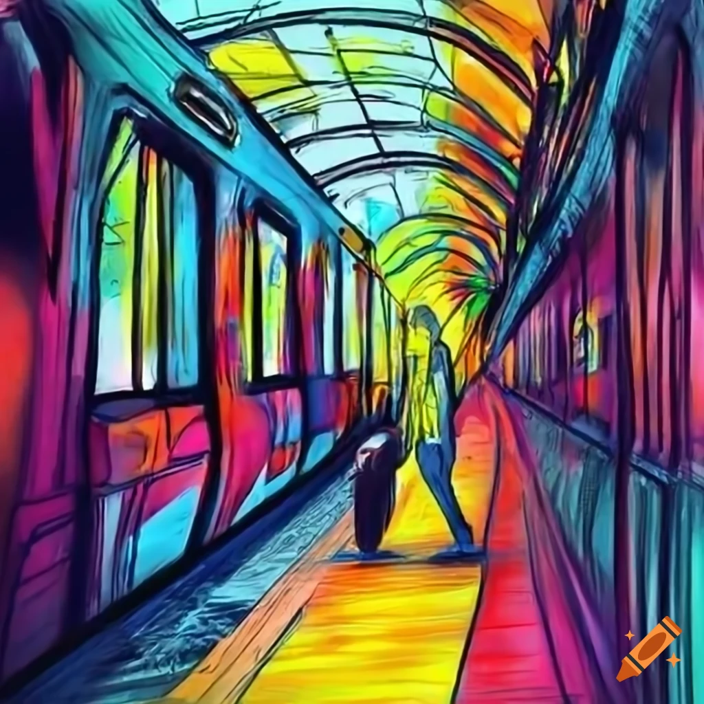 Black and white drawing of a person going inside a train on a station ...