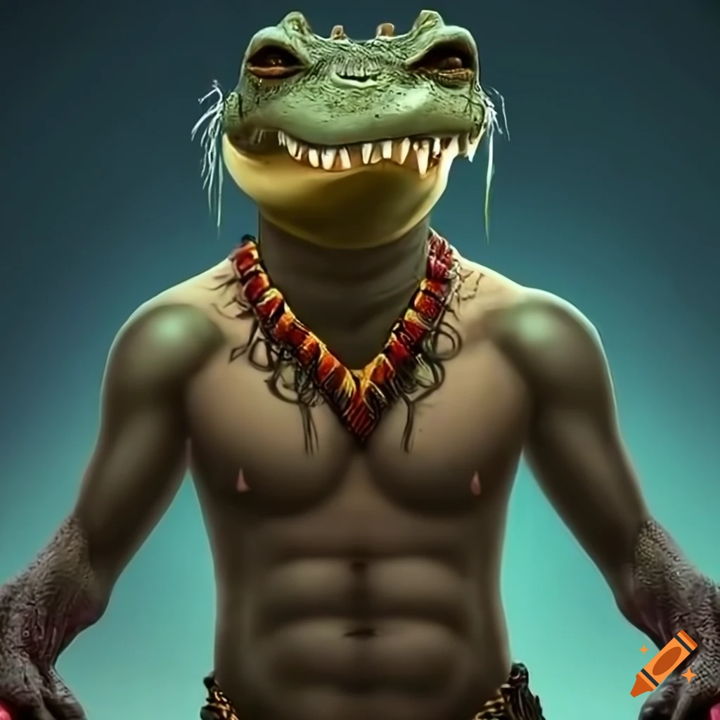 Crocodile man with tribal clothes, 4k resolution