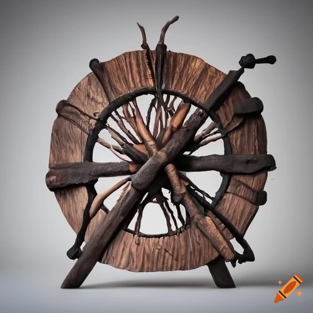 Art installation, spinning wheel, black color, sculpture, pitchfork ...