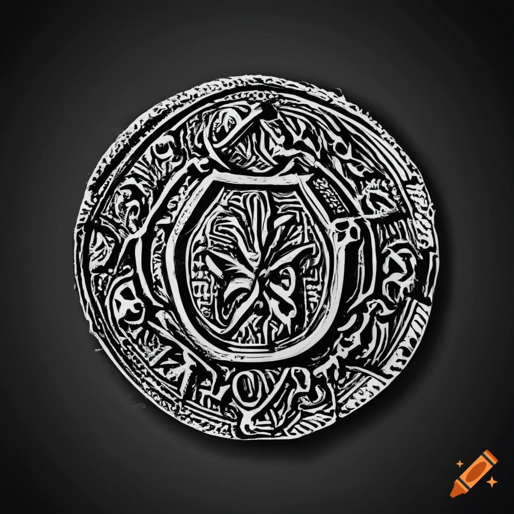 Black and white line art. high contrast. heavy lines. a medieval coin ...