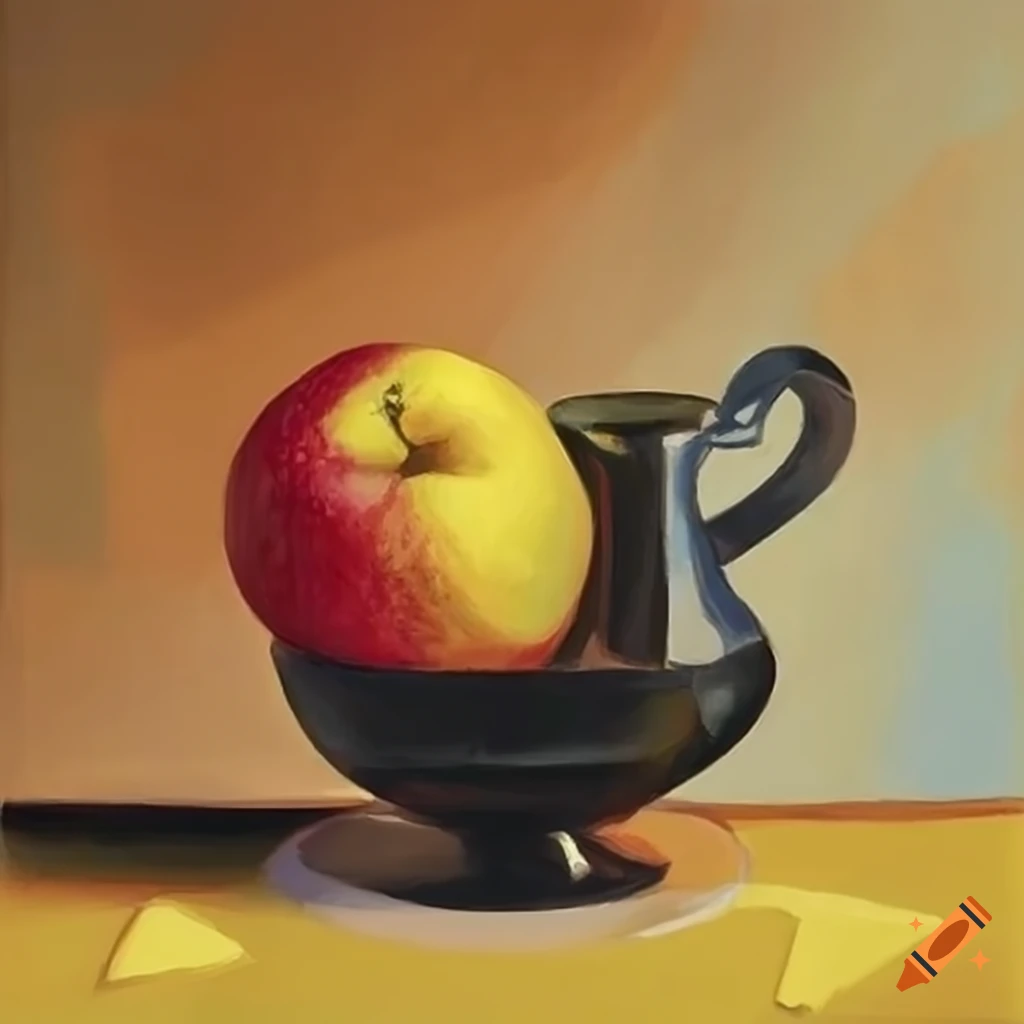 Bodegón cubista con copa, patatas y manzana