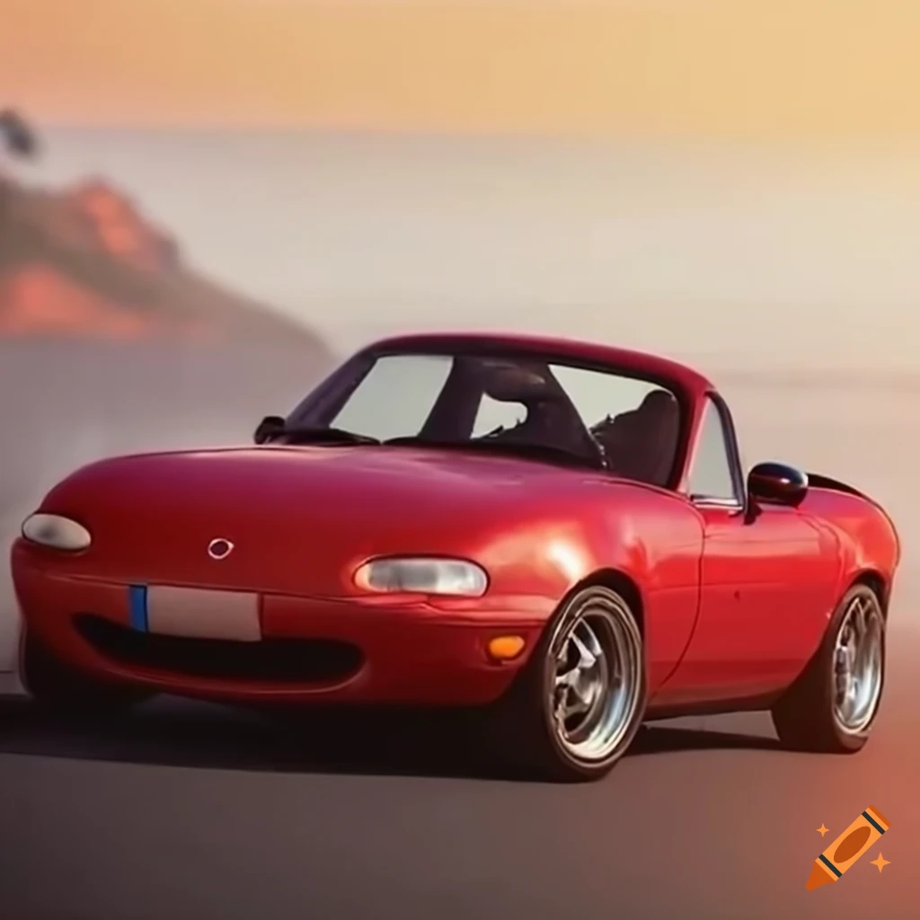A sleek red Mazda Miata parked on a scenic road on Craiyon