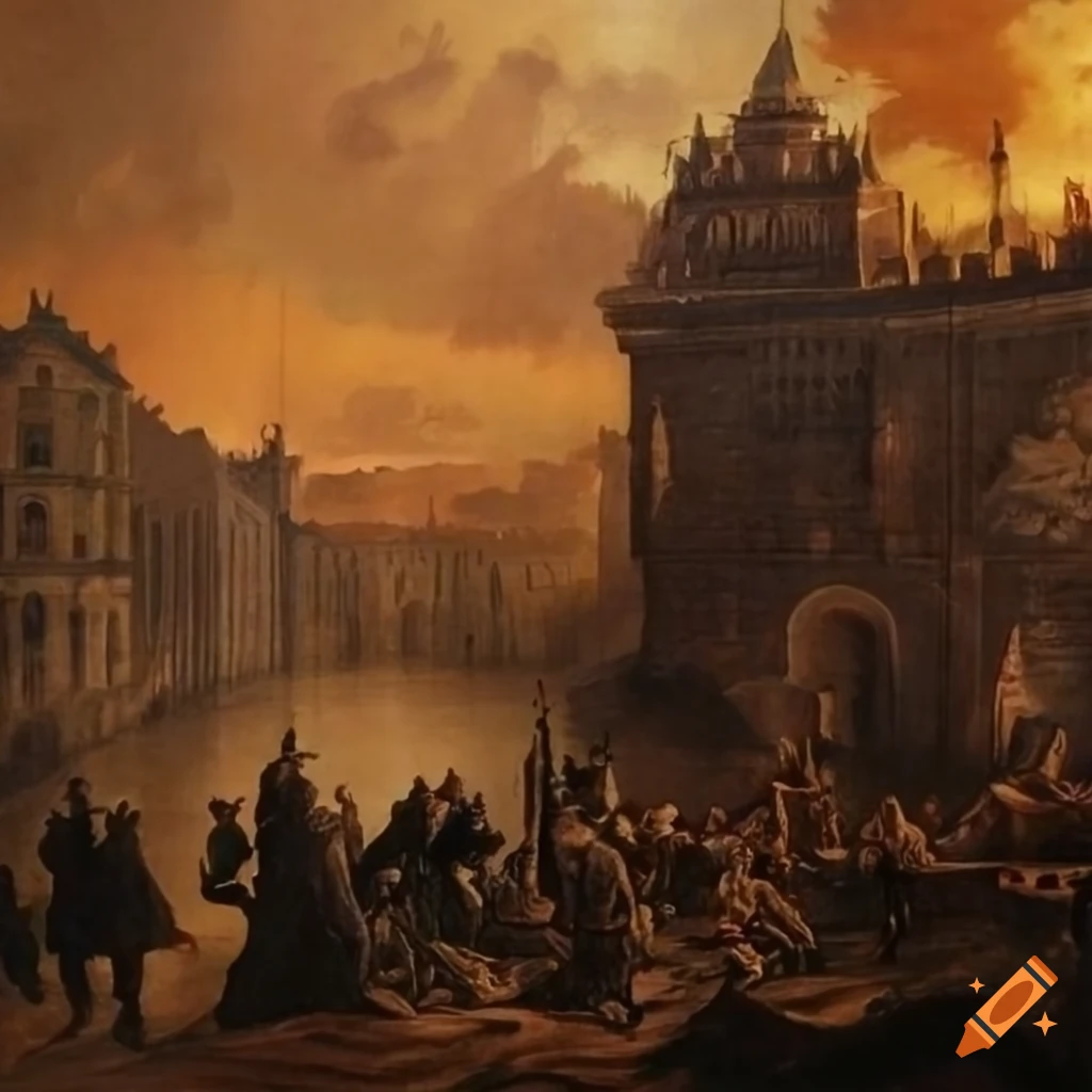 Fall of bohemia, detailed, john martin painting