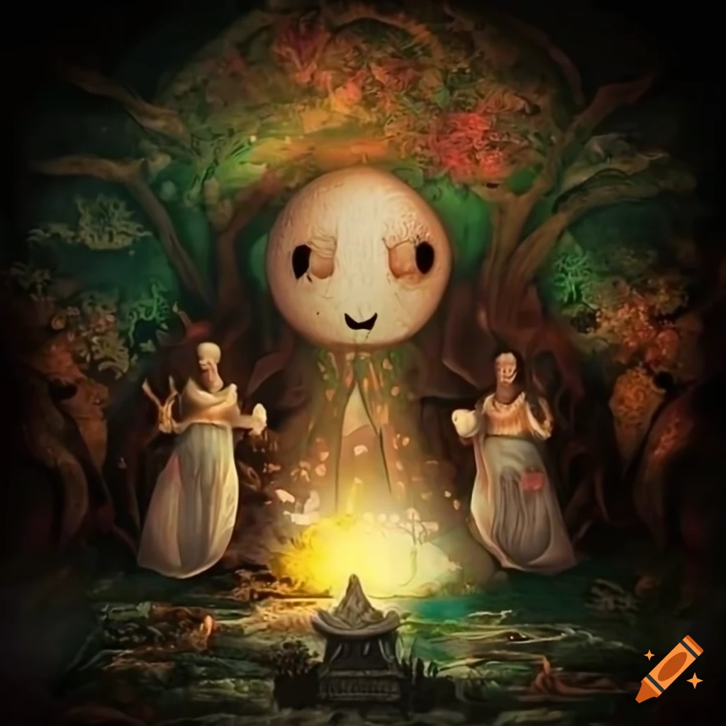 Enigmatic curvy divine mushroom priestess surrounded by kodama ...