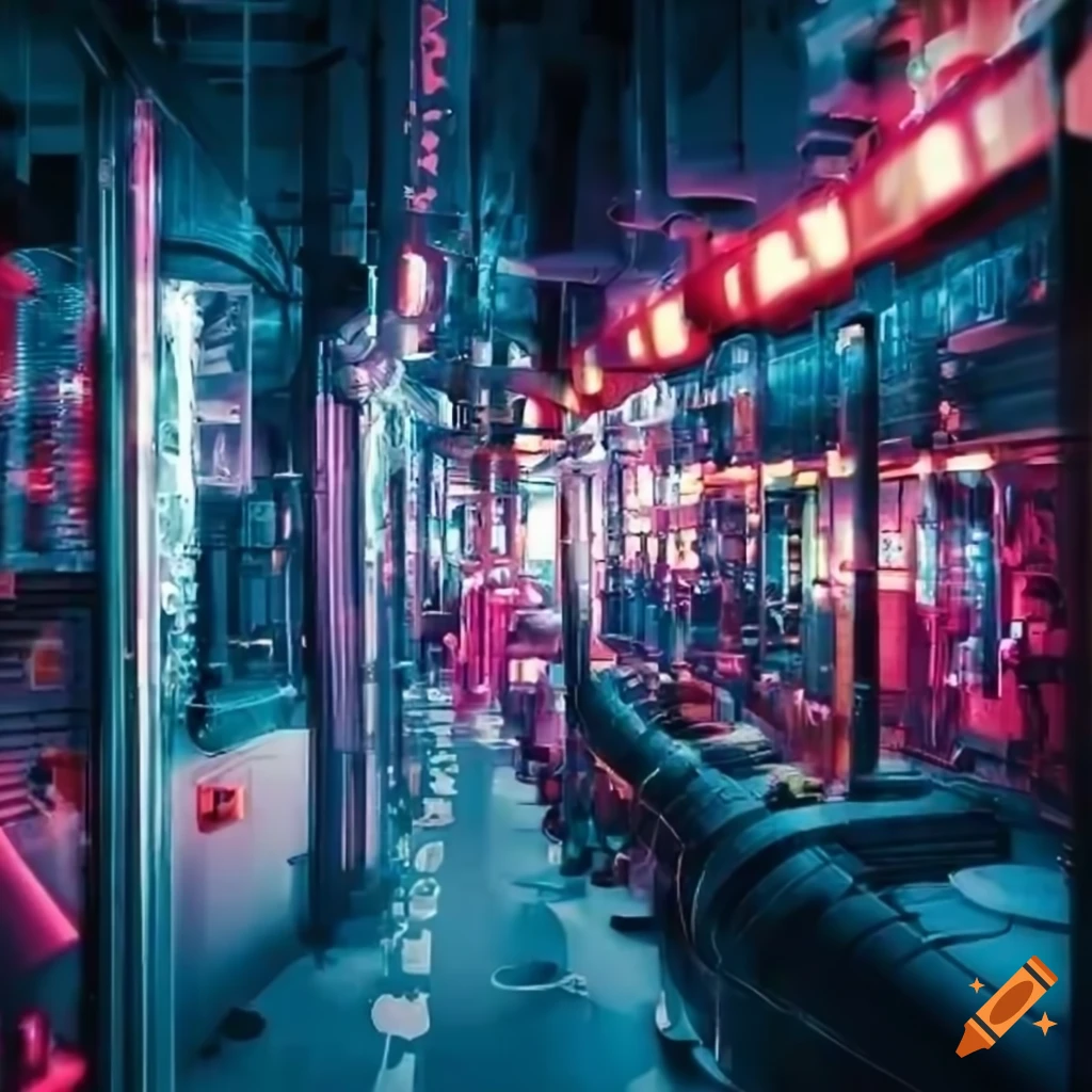 Large futuristic cyberpunk colourful mechanical food factory interior