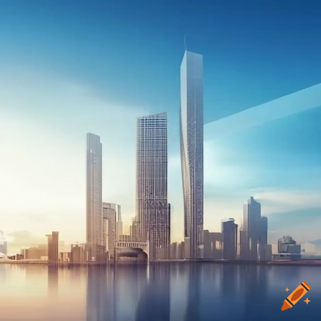 A dynamic urban skyline with modern architecture and lively atmosphere