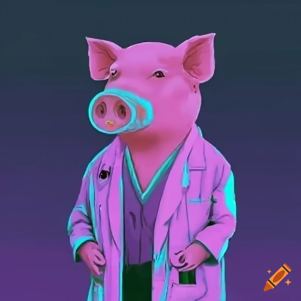 Create an avatar of a pig in a lab coat, vaporwave on Craiyon