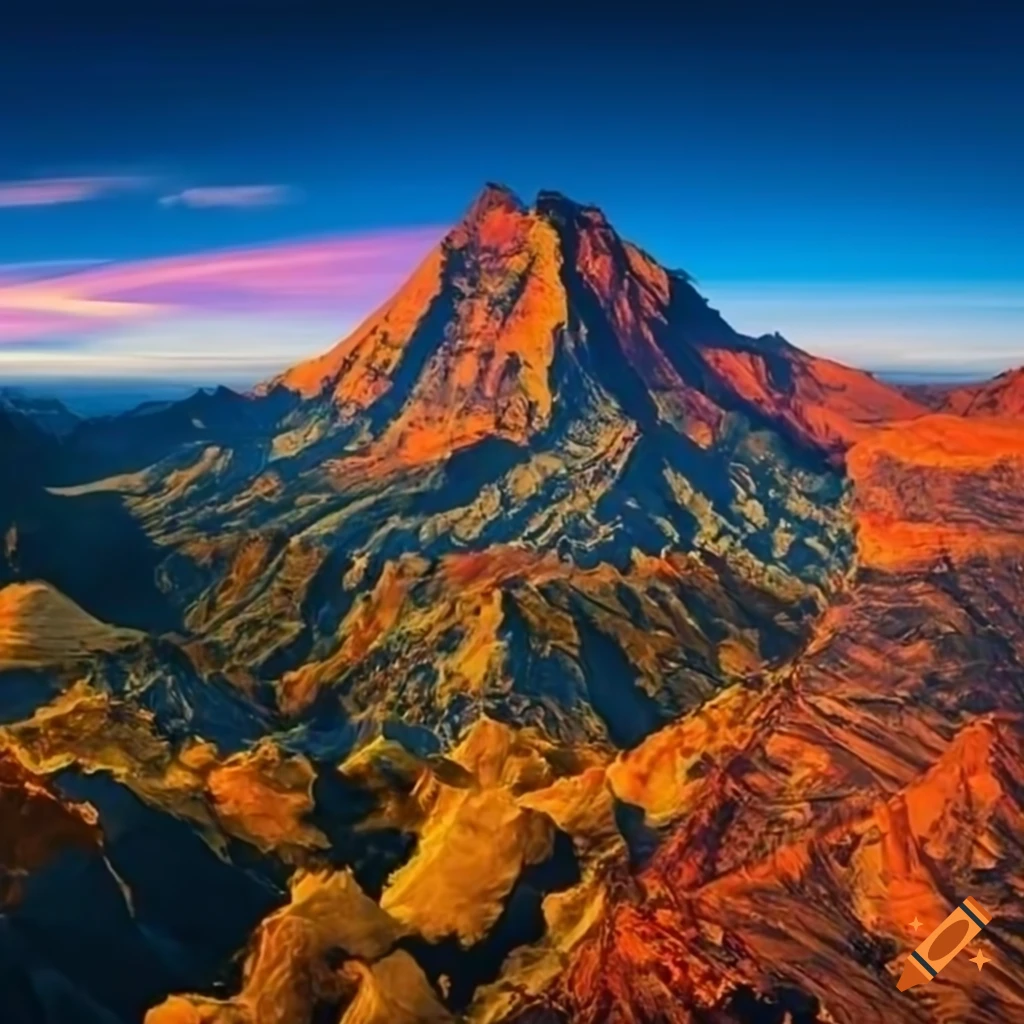 Colorful psychedelic mountain scape, atmospheric, distance