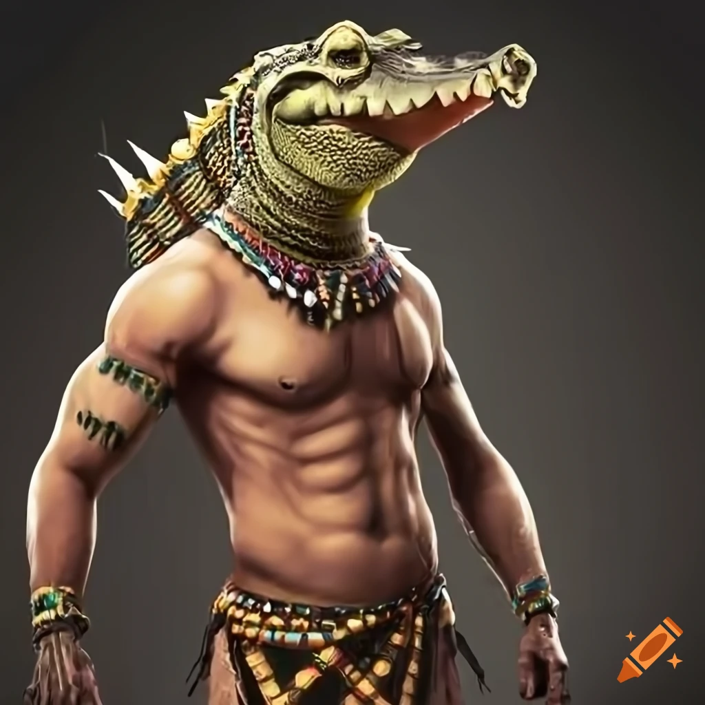 Crocodile man with tribal clothes, 4k resolution on Craiyon