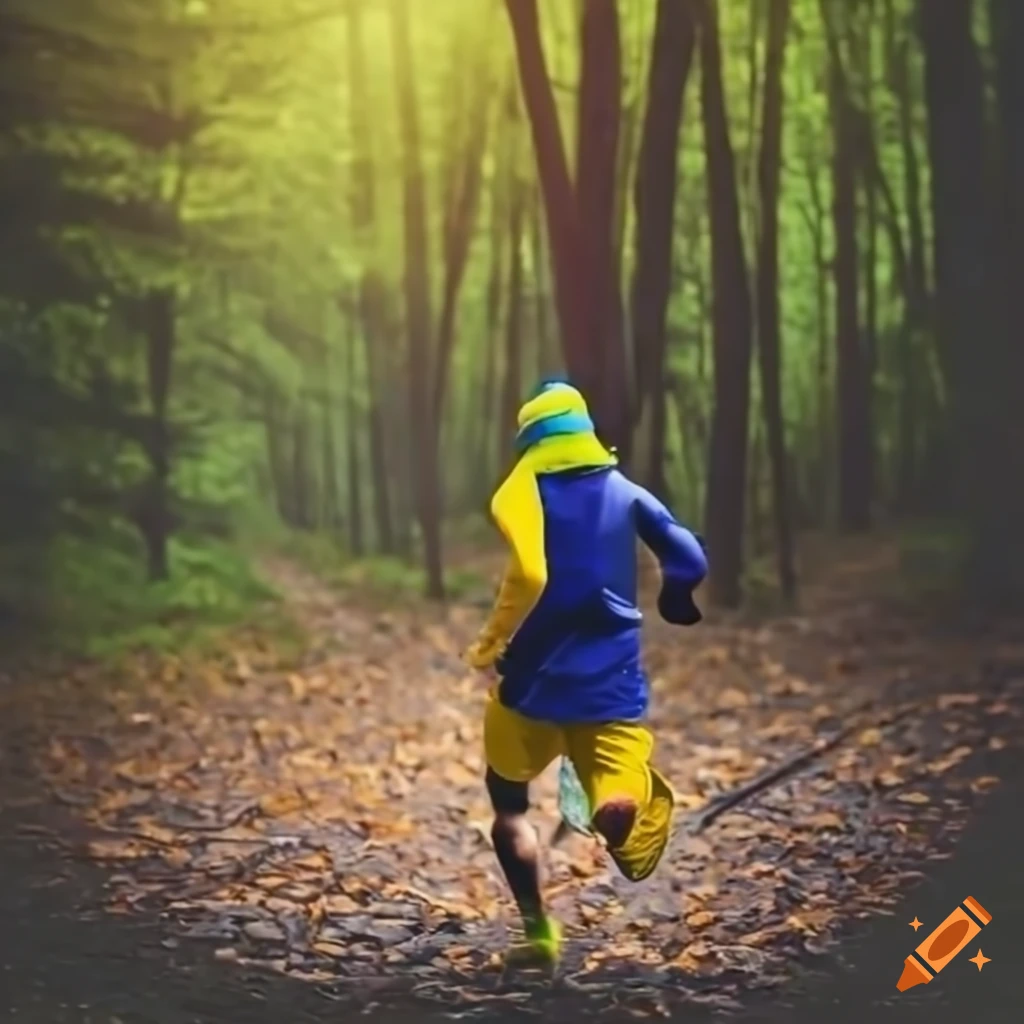 A runner running in a wild forest with yellow shoes and blue hat on Craiyon
