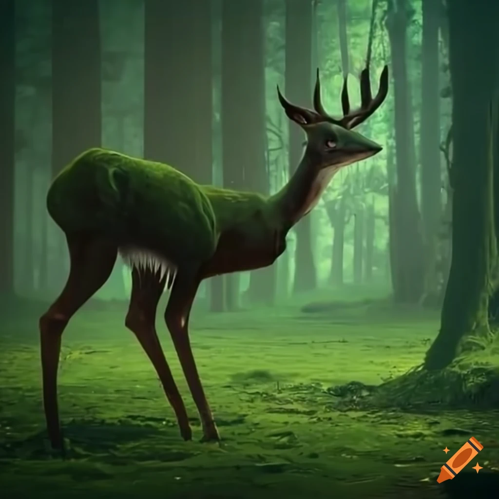 An alien deer grazing in a lush forest on another world on Craiyon