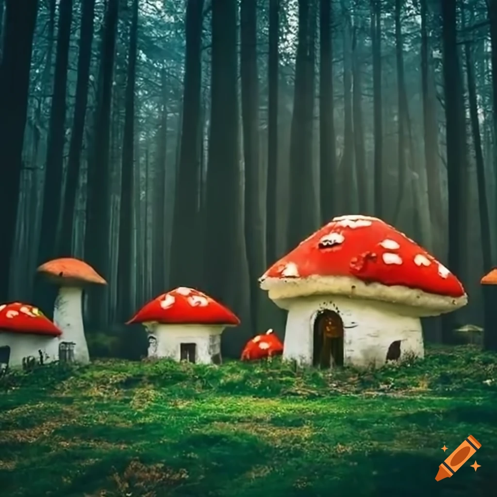Take a long-distance photo of a large group of toadstool houses spread ...