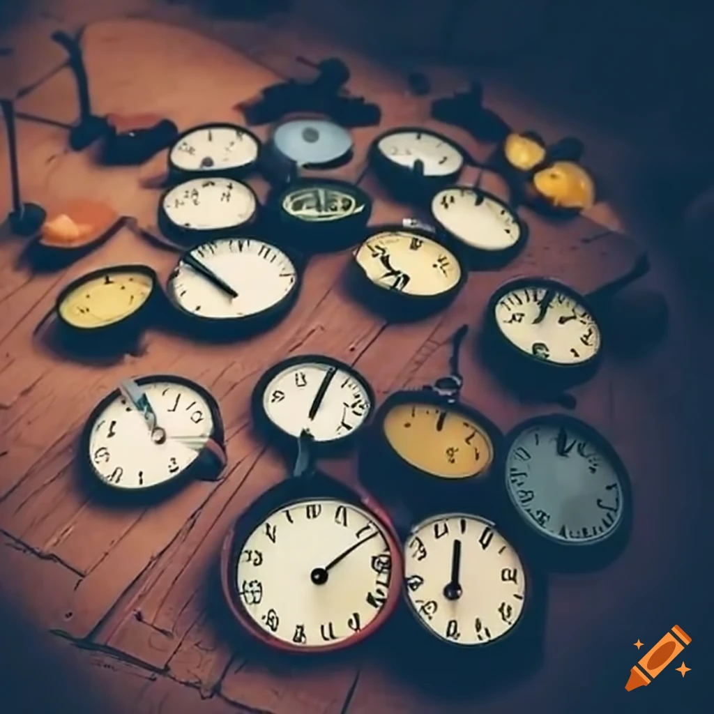 Lots of clocks laying on the ground. People walking around on Craiyon