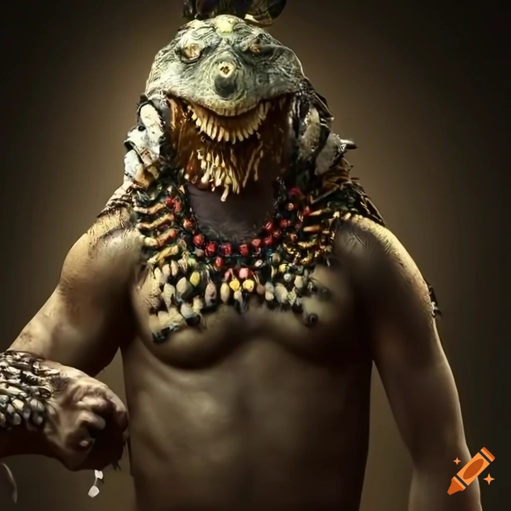 Crocodile man with tribal clothes, 4k resolution