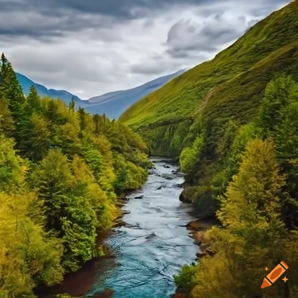 A realistic river in the valley with captivating colors on Craiyon