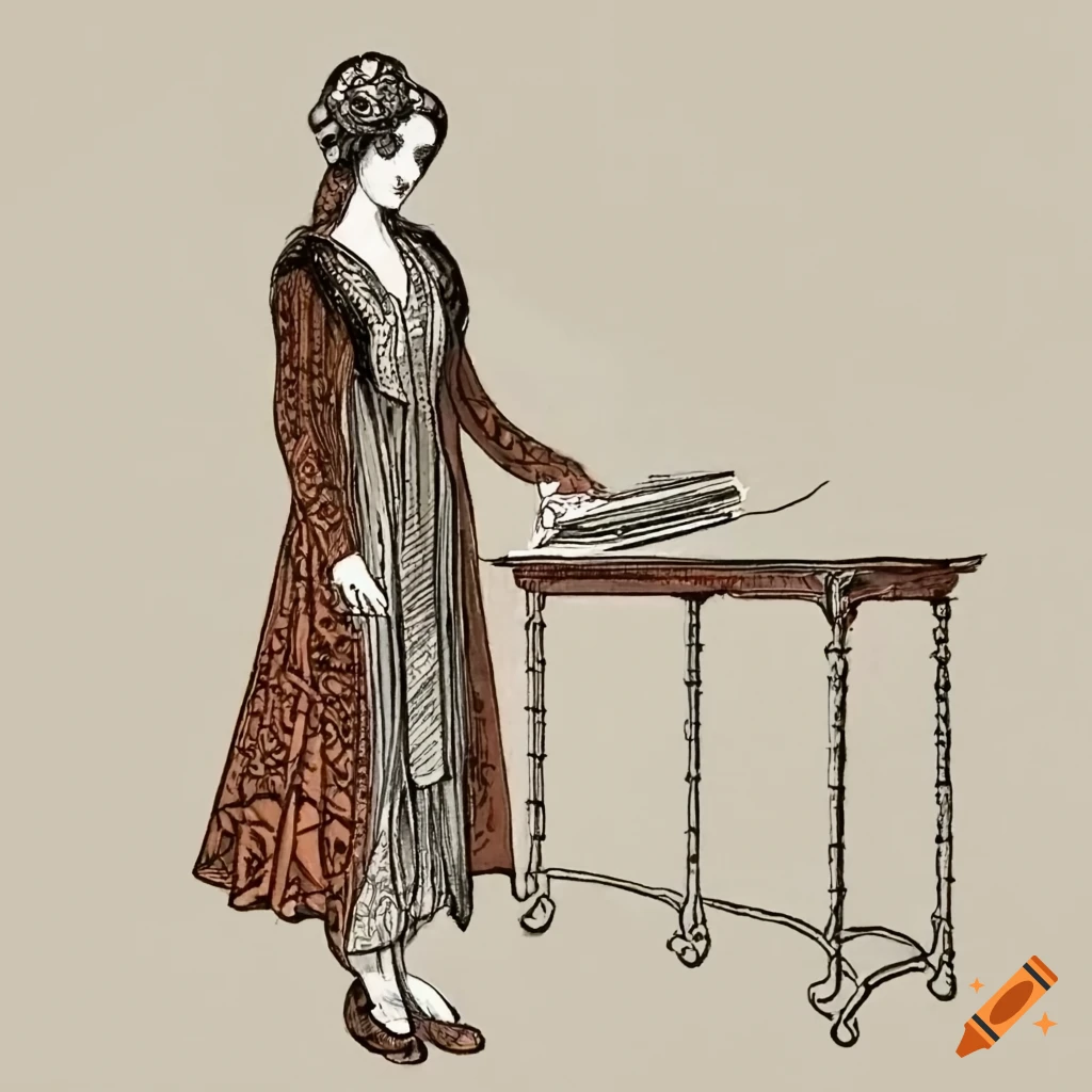Full-length drawing of a woman librarian in art nouveau style