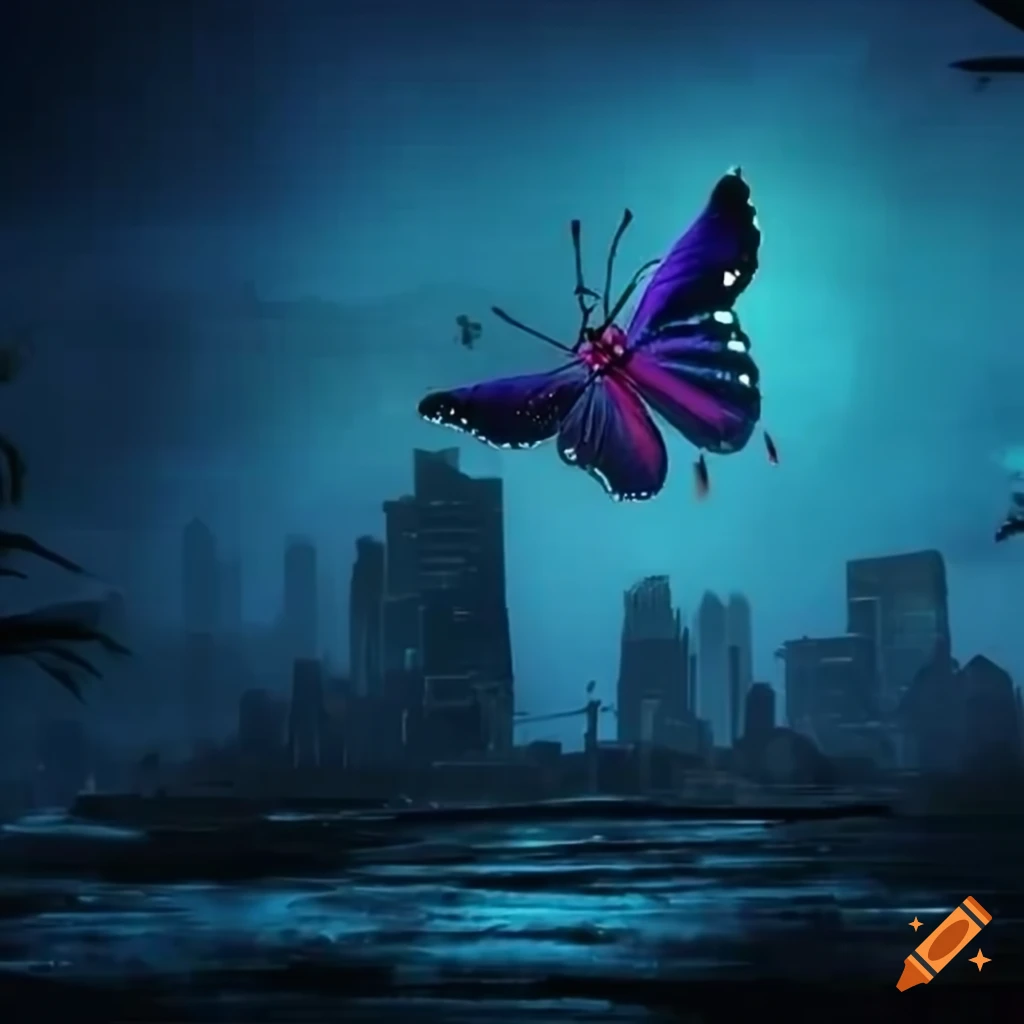 Giant butterfly over fog cyberpunk city on Craiyon