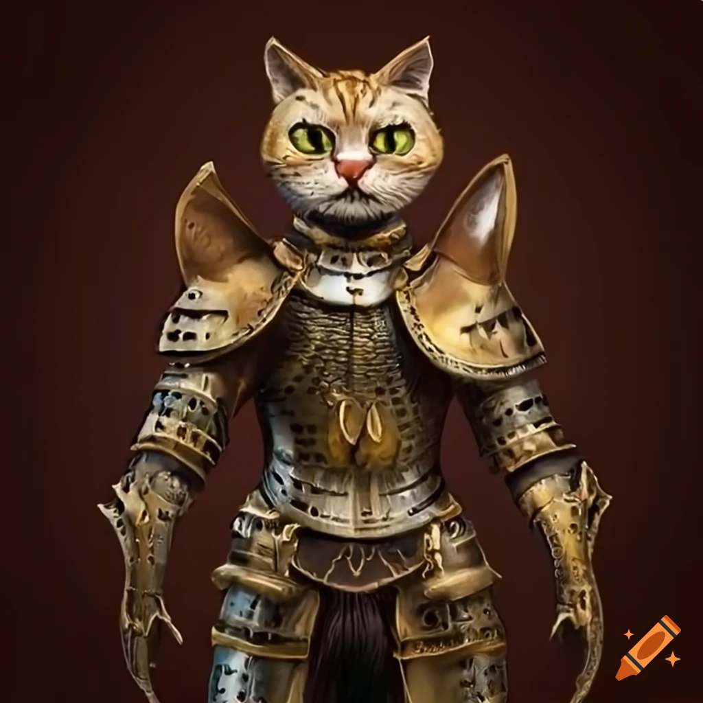 Anthropomorphic cat in elaborate armour